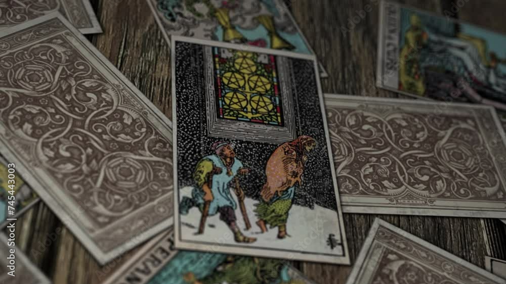 Madrid, Spain - June 12, 2014. Tarot card Five of Pentacles for future ...