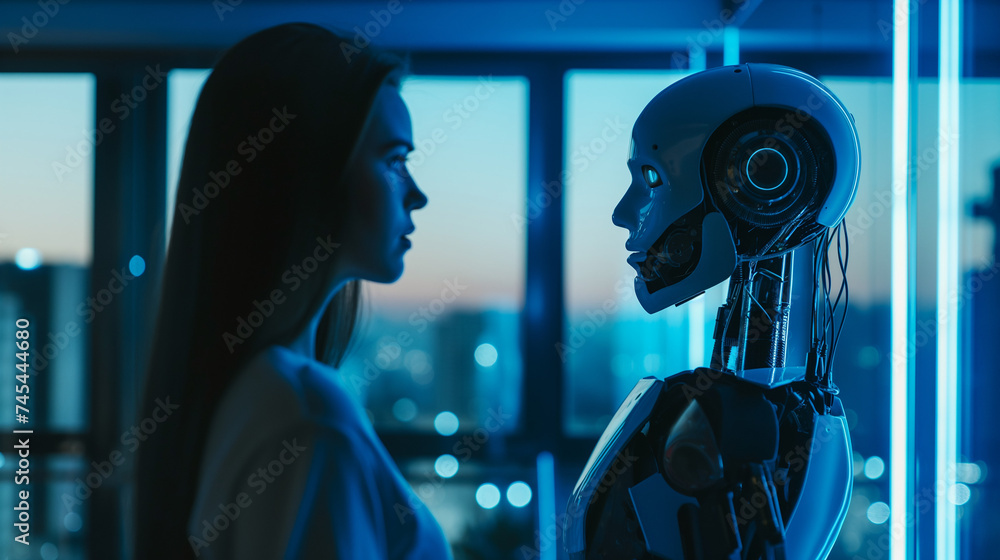 Woman opposite AI, tecknology The concept of confrontation between humanity and artificial ...