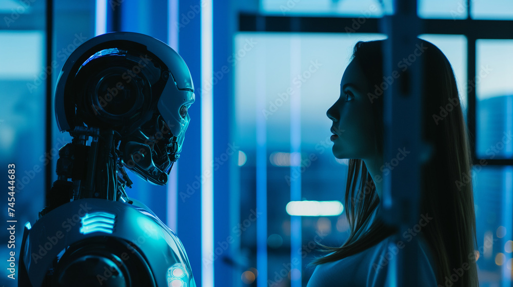 Woman opposite AI, tecknology The concept of confrontation between humanity and artificial ...