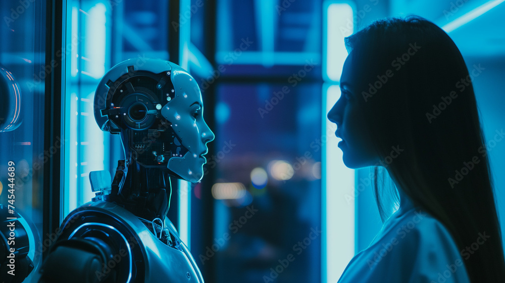 Woman opposite AI, tecknology The concept of confrontation between ...