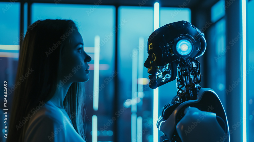 Woman opposite AI, tecknology The concept of confrontation between ...