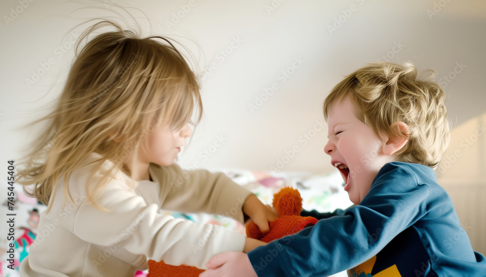 AI image of little kids are fighting in room at home. Children pull ...