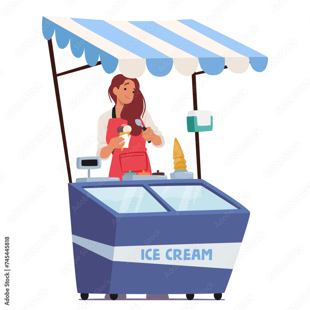 Saleswoman In A Crisp Apron Stands At Her Ice Cream Stall, Expertly ...