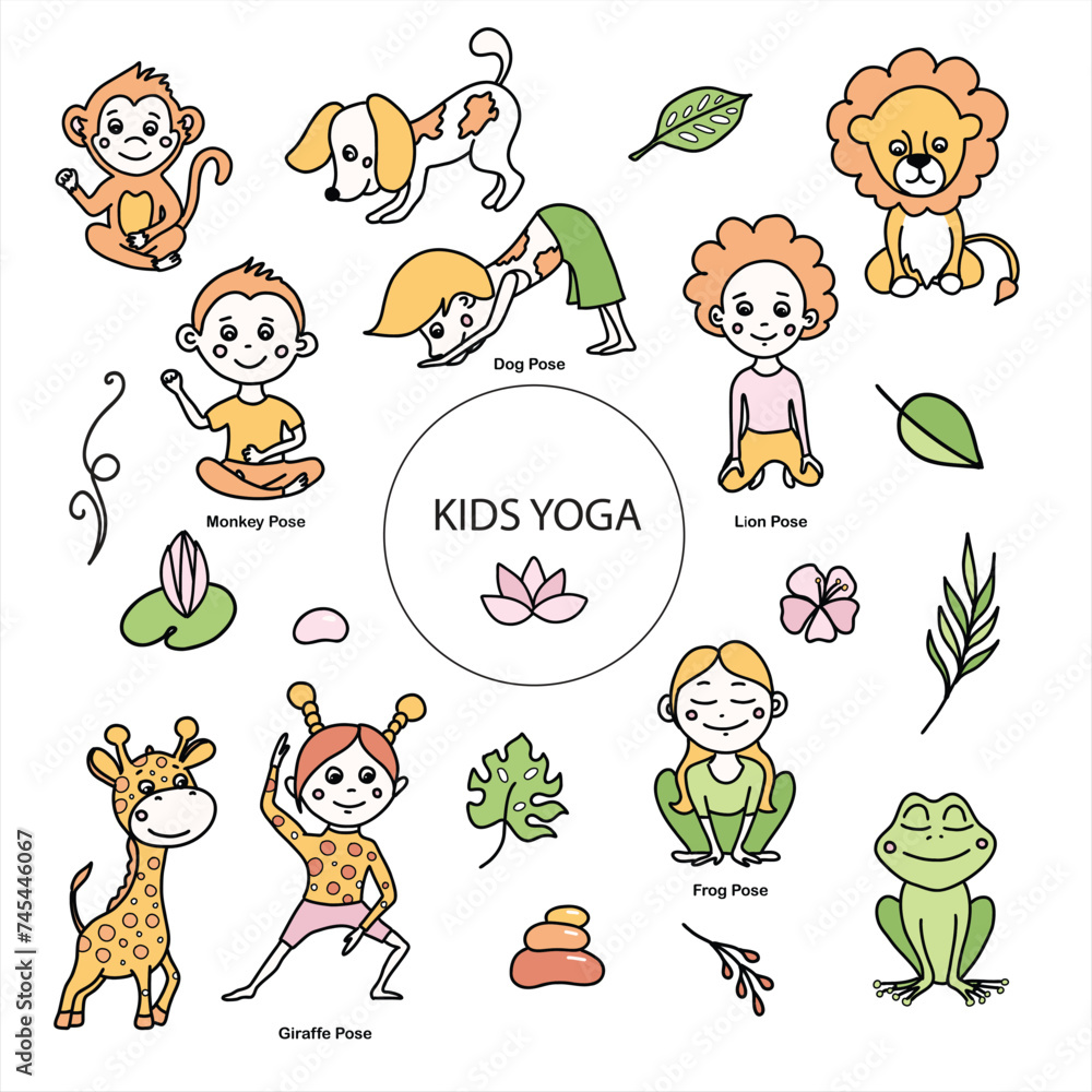 Set of kids yoga animal poses. Monkey, frog, lion, giraffe, dog asanas ...