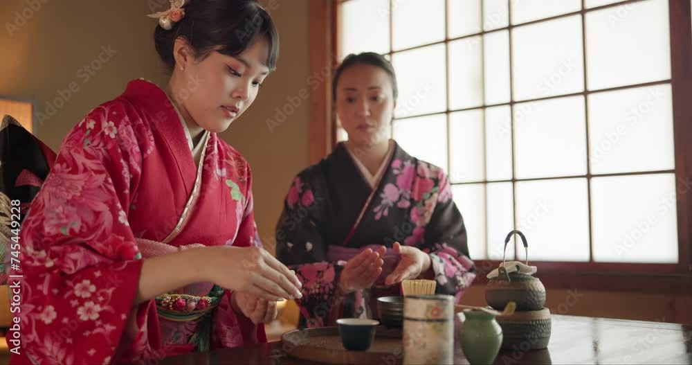 Women, Japanese and tea ceremony for calm tradition in tatami room for ...