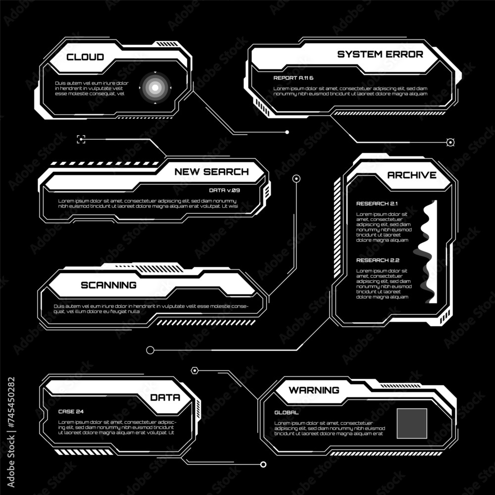 White futuristic HUD, UI elements. Sci-fi user interface text boxes ...