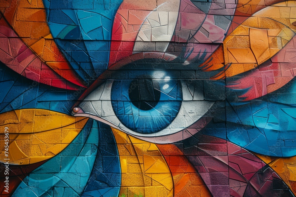 Street art graffiti wall art mural featuring a detailed eye, depicted ...