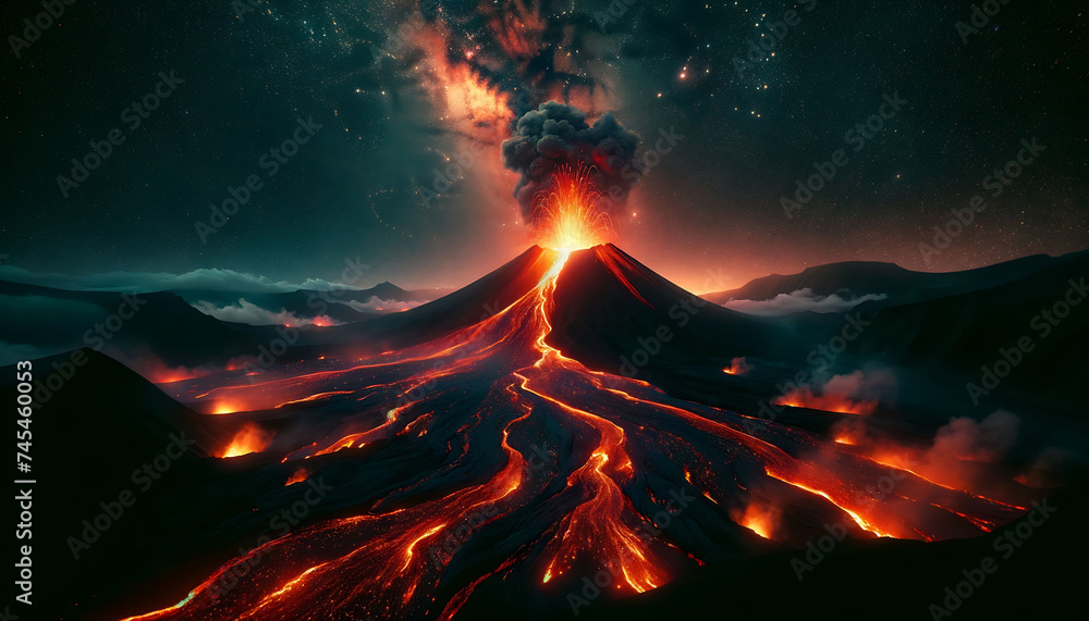 Majestic volcanic eruption at night with lava flows and an ash plume ...