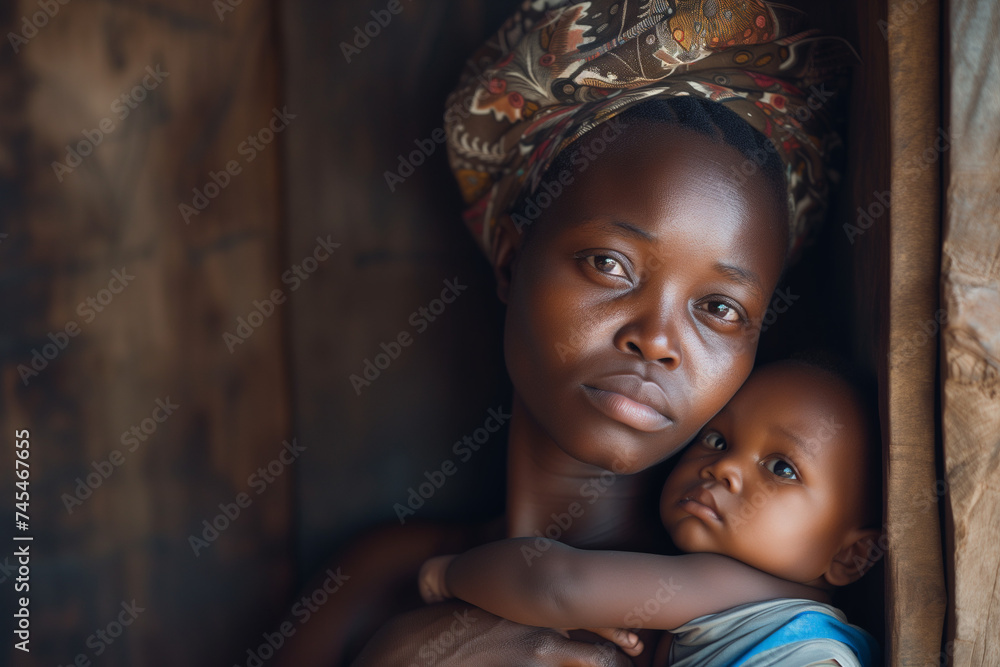 African mother and baby, copy space of a sad child in the arms of a starving woman, third world ...