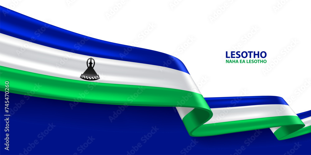 Lesotho 3D ribbon flag. Bent waving 3D flag in colors of the Kingdom of ...