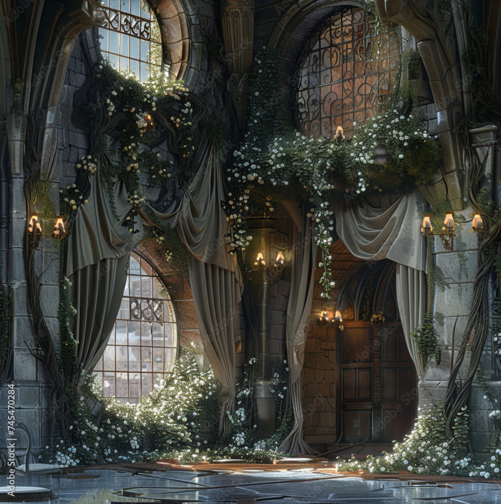 two building talking to each other with long windows as eyes, chairs as ...