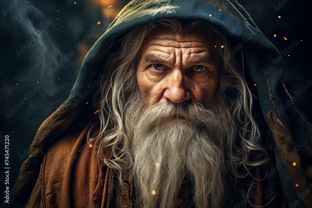Enigmatic Medieval old male wizard portrait banner. Senior man magician ...