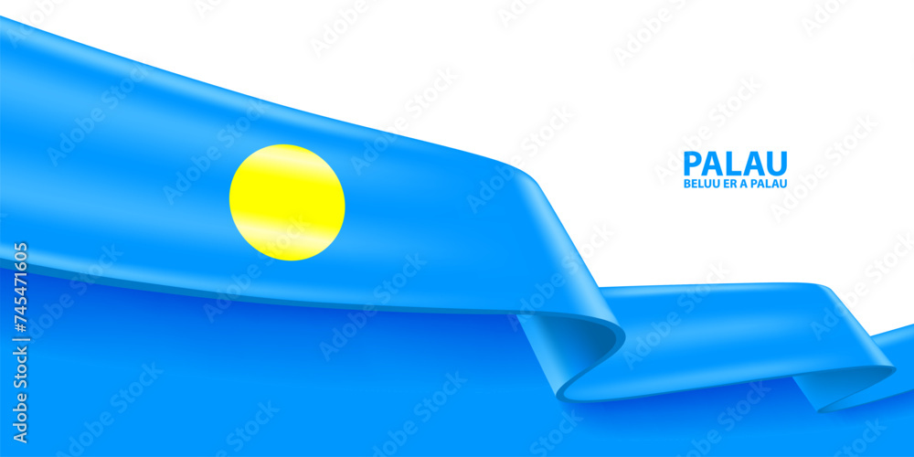 Palau 3D ribbon flag. Bent waving 3D flag in colors of the Palau ...