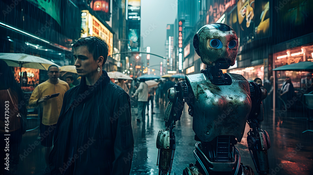 robots walking on the streets of a city, humans and robots coexist on ...