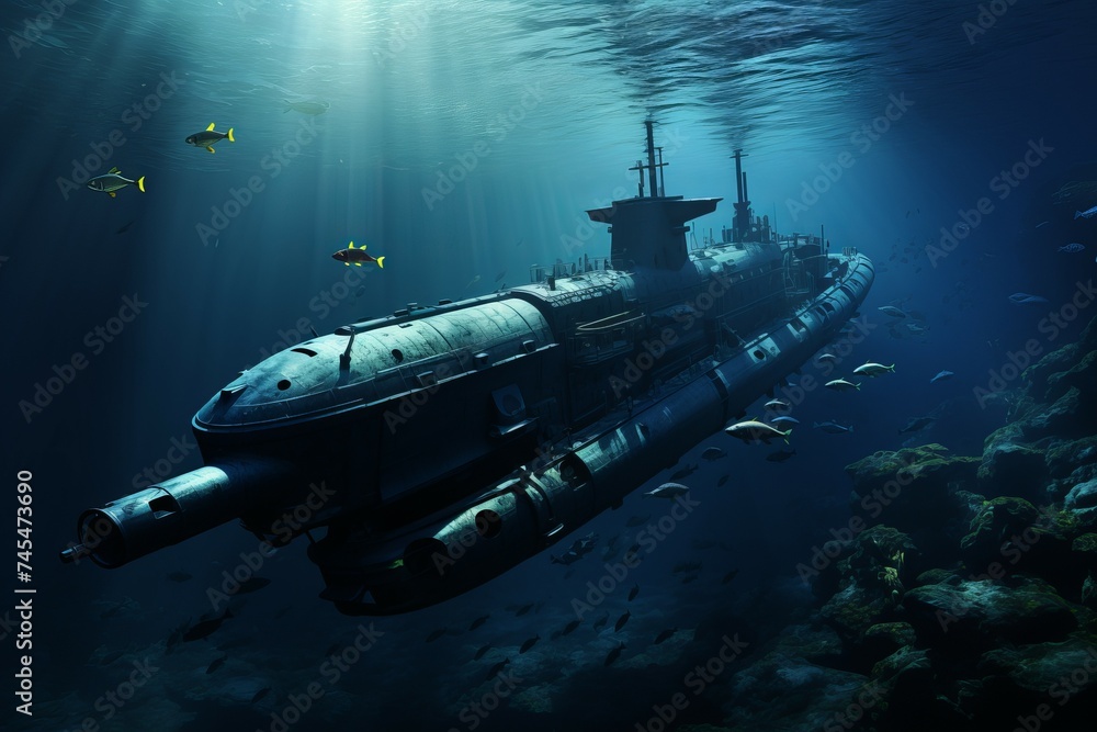 Deep-diving Military submarine. Ocean defense naval. Generate Ai Stock ...