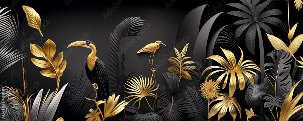 Gold black Jungle wallpaper with birds, trees, palm and tropical plant ...