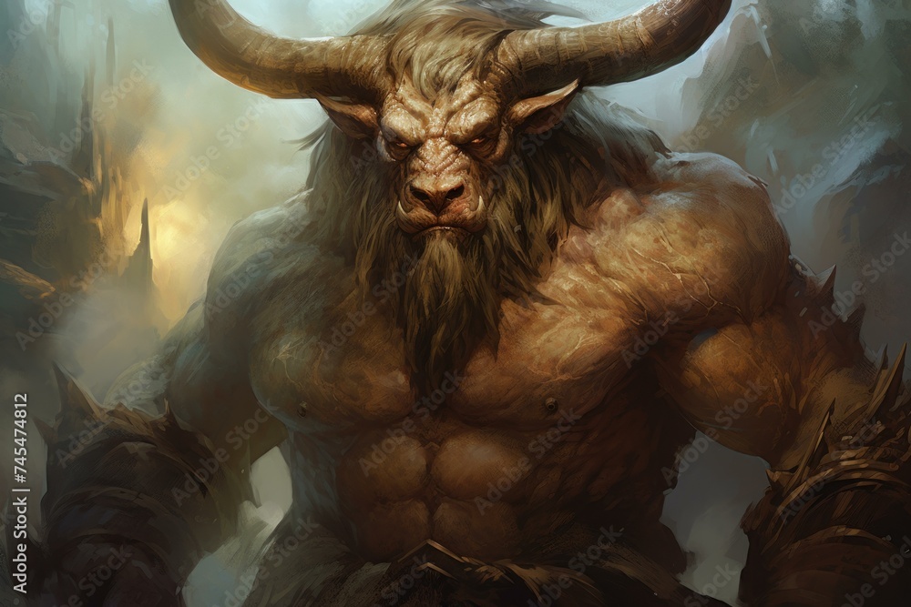 Minotaur myth with man warrior illustration. Evil beast creature near ...
