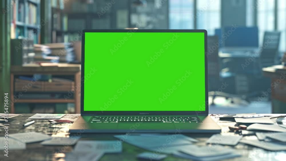 laptop on an office desk in a messy room, with a green screen Stock ...