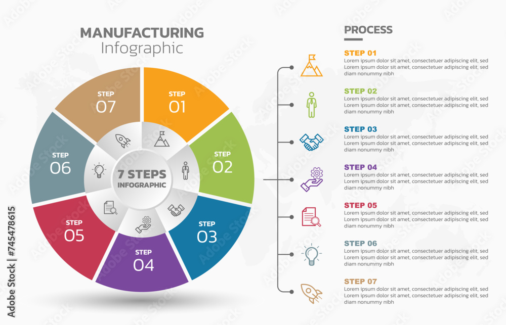 Visual data presentation. Cycle diagram with 7 options. Pie Chart ...