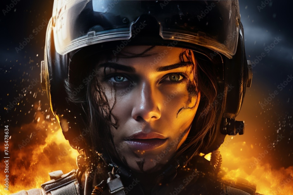 A bold image of a female pilot in a flight helmet, symbolizing courage ...