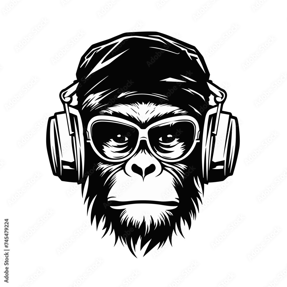 Monkey with earphones stylish rapper black and white vector ...