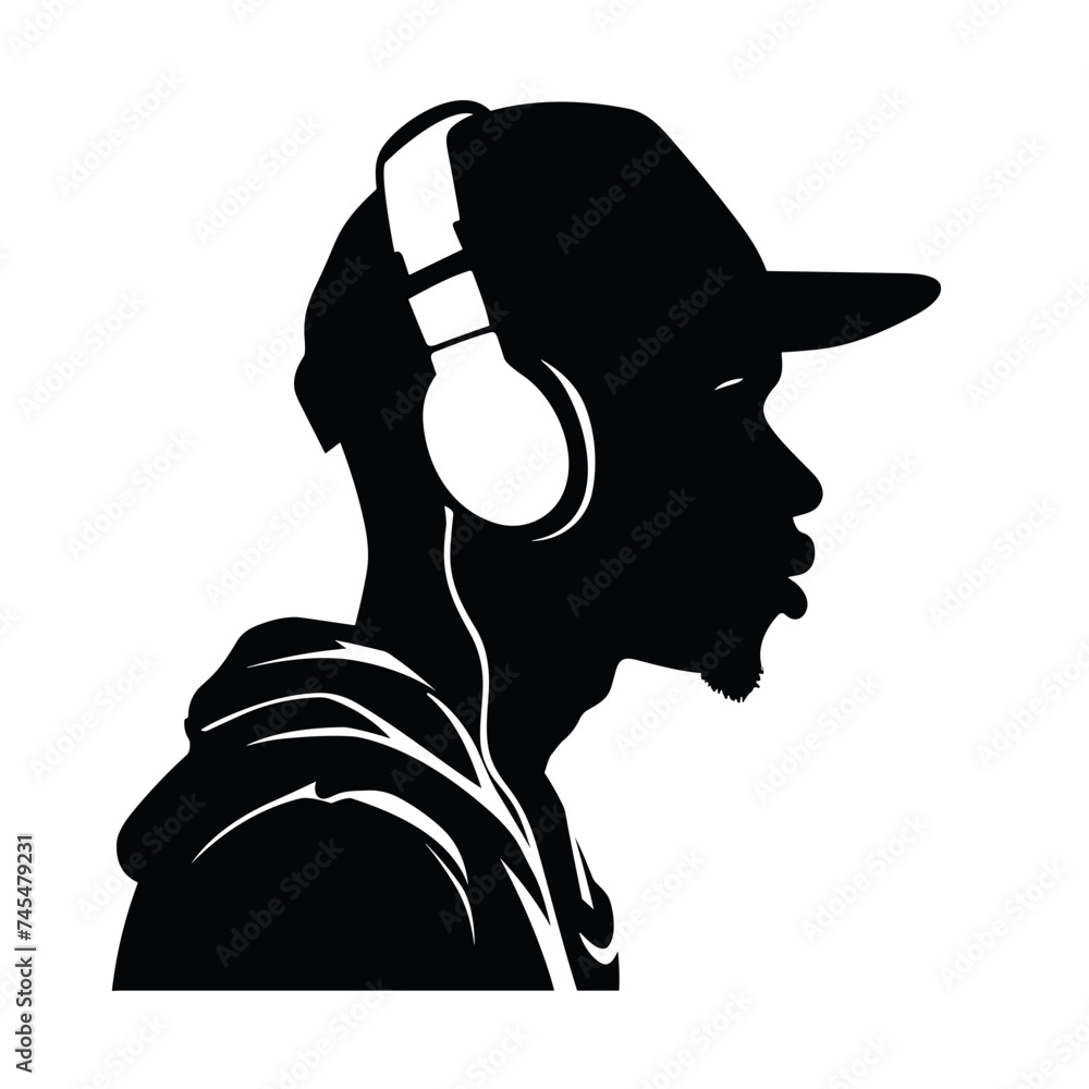 Black man african-american rapper wearing a cap and earphones black and ...