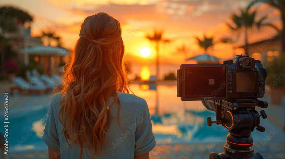 Rear view Video camera filming a woman acting for a social media movie ...