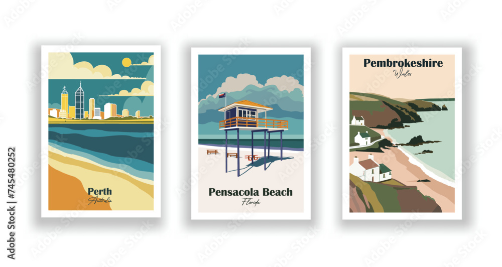Pembrokeshire, Wales. Pensacola Beach, Florida. Perth, Australia - Set ...
