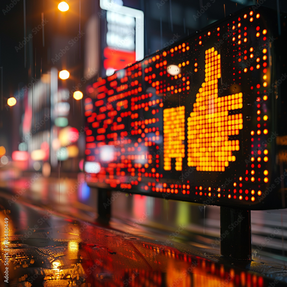 close up on a modern digital billboard displaying a pixel art emoji ...