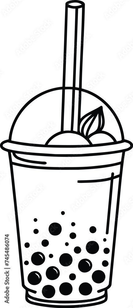 boba, bubble tea in continuous line drawing minimalist style, foods and ...