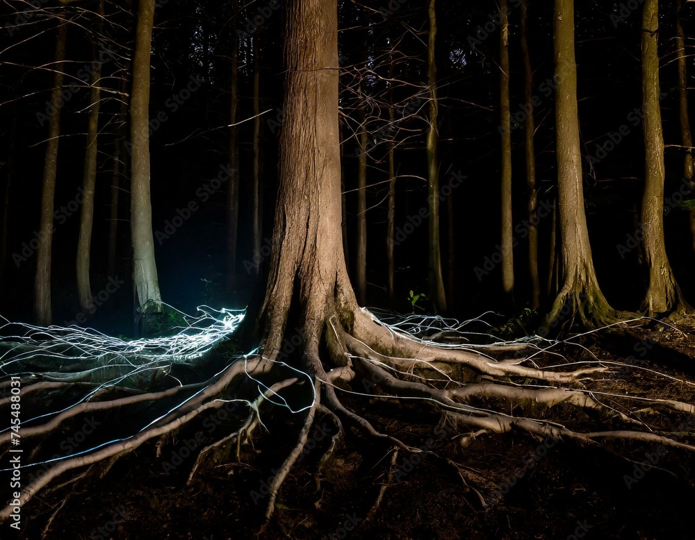 A post-human forest with interconnected, bioluminescent tree roots ...