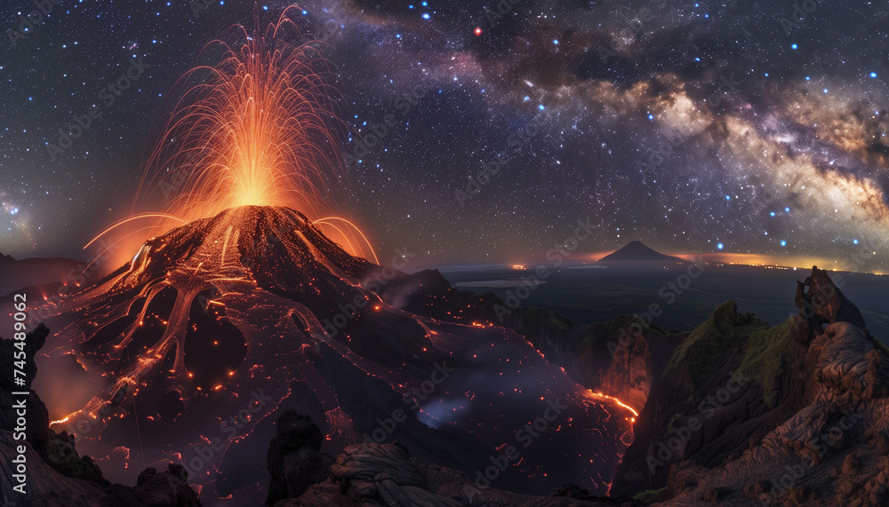 A volcano erupts under a starry sky with the Milky Way visible in the ...