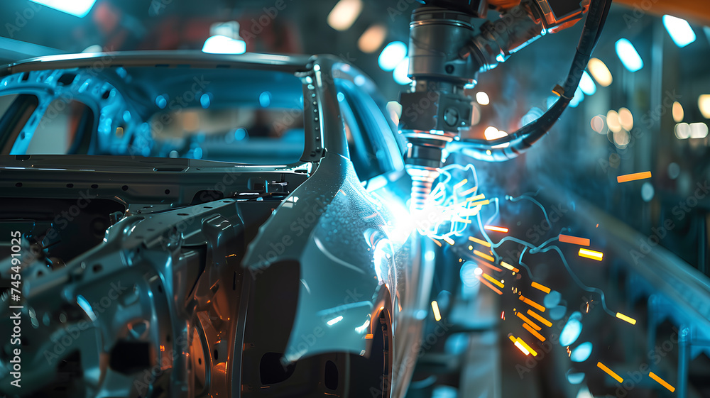 A robotic arm performs precision welding on an automotive assembly line ...