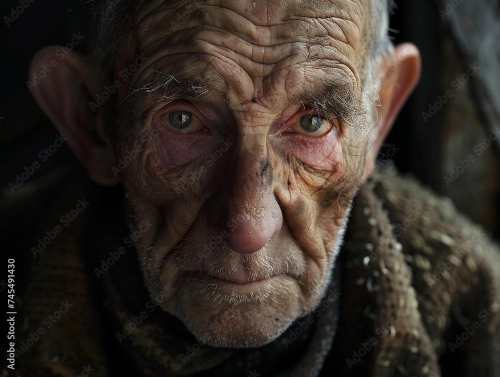 The wrinkles and marks on the old man's skin depict a past filled with ...