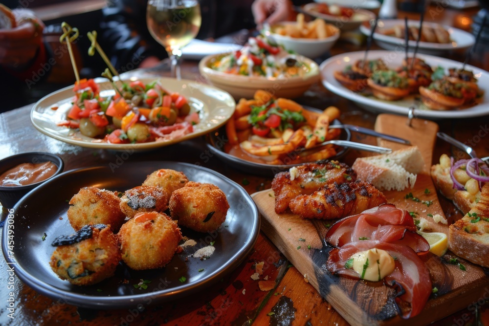 Delightful array of tapas on rustic serving plates in an inviting pub ...