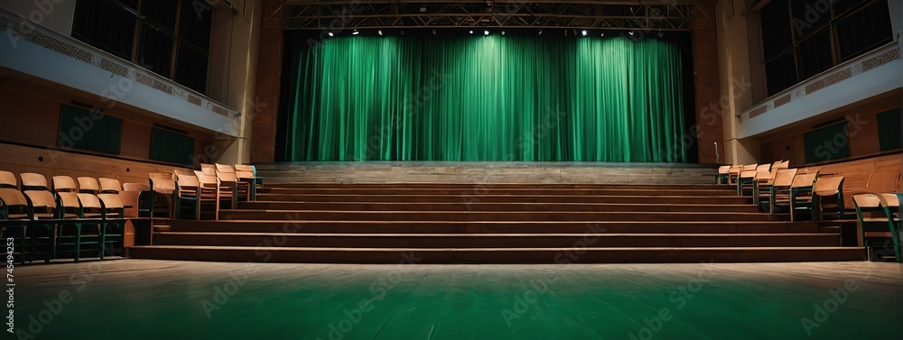 Wide angle panoramic view of green curtains on school university stage ...