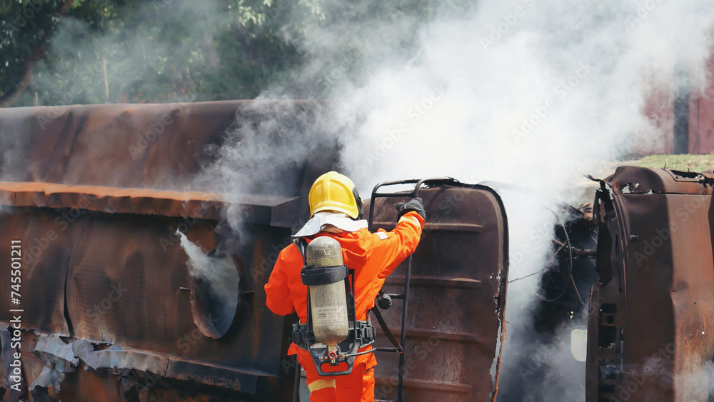 Firefighter fighting smoke flame use fire hose chemical water foam ...