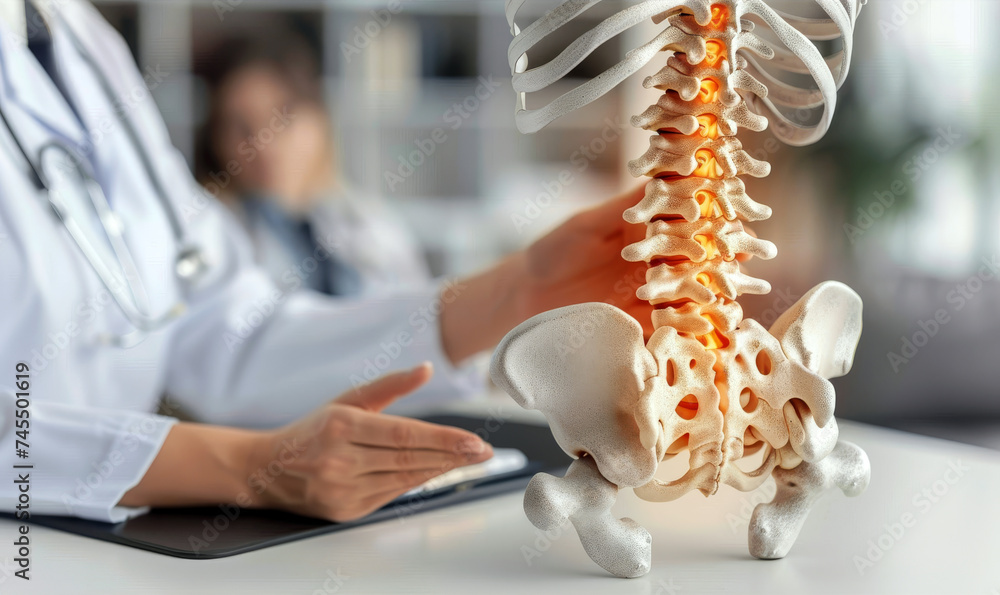 Medical professional analyzes 3D model of a human spine, highlighting ...