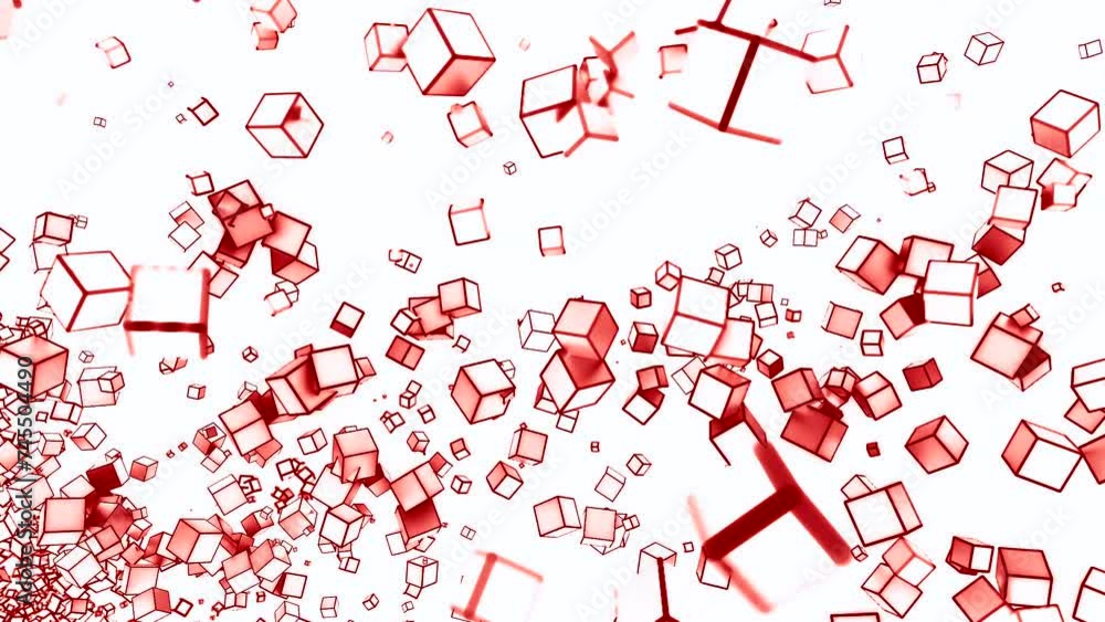 Abstract spreading stream of 3d cubes. Motion. Silhouettes of small ...