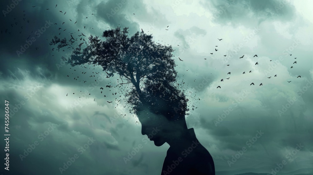 Abstract silhouette of intrusive thoughts. Depression and anxiety ...