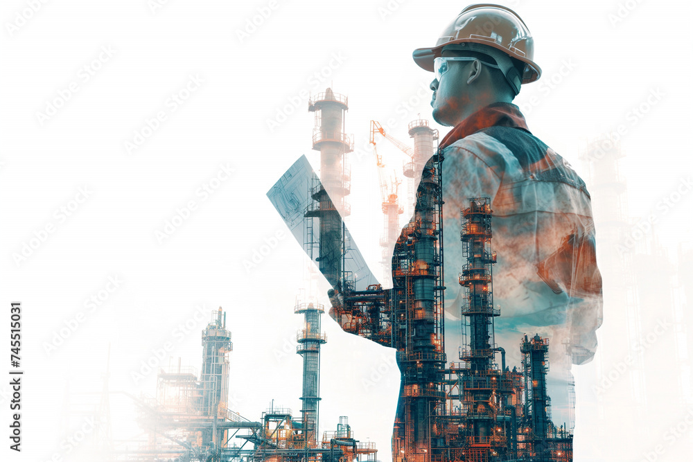 Half body, Double exposure of Engineer standing holding a blueprint ...