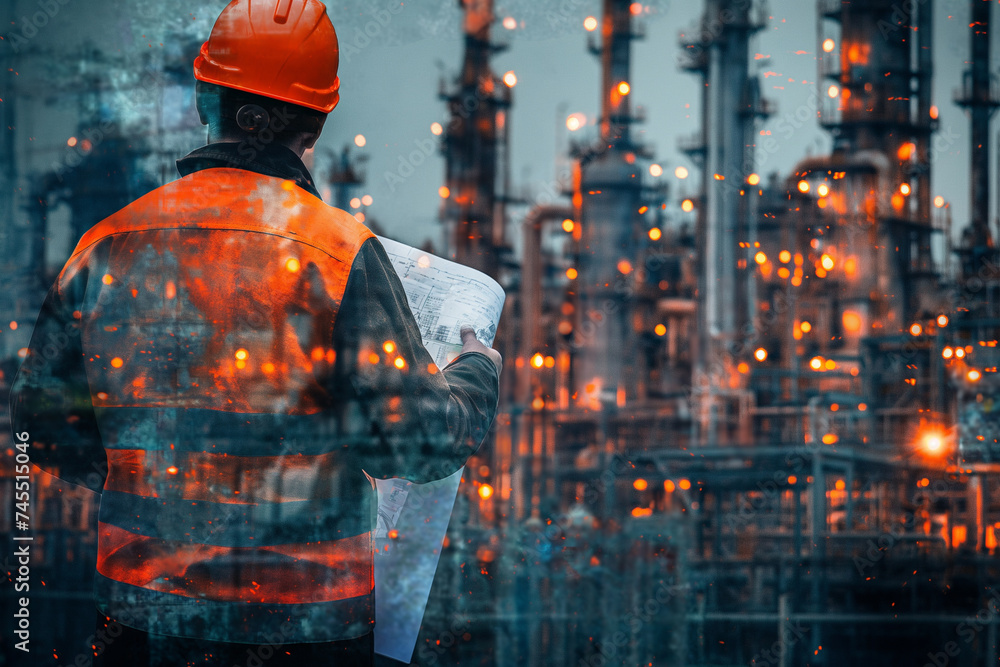 Half body, Double exposure of Engineer standing holding a blueprint ...