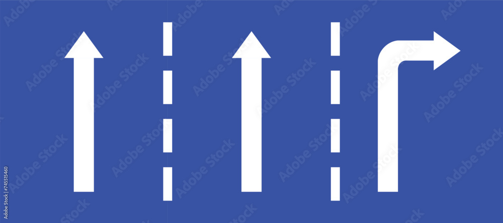 Set highway blue traffic sign three line road two straight and turn ...