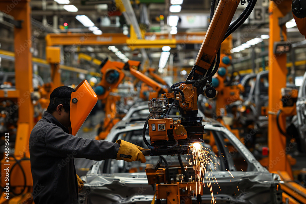 Mechanical arms and robots are welding and assembling cars on the ...