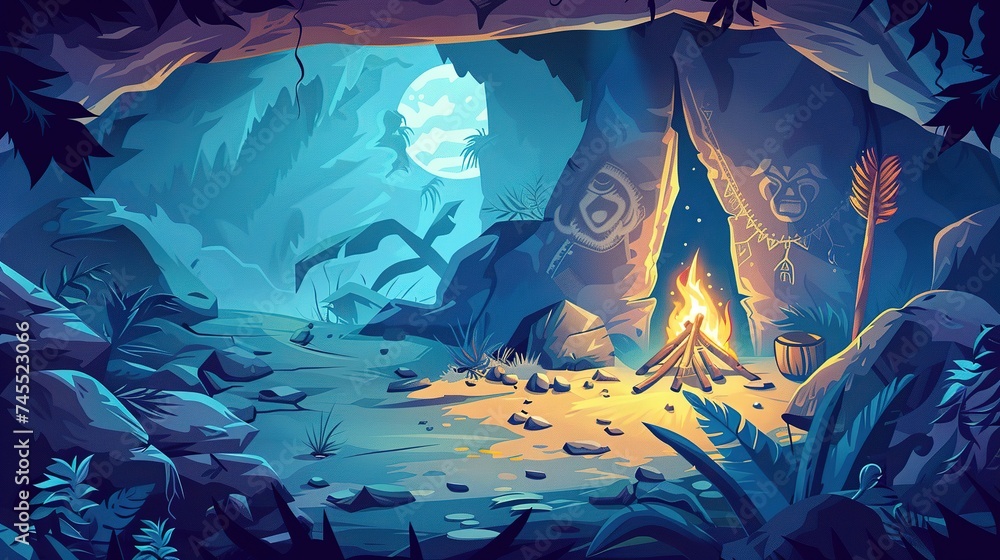 Prehistoric cave with caveman primitive painting on stone walls and ...