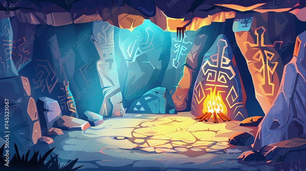 Prehistoric cave with caveman primitive painting on stone walls and ...