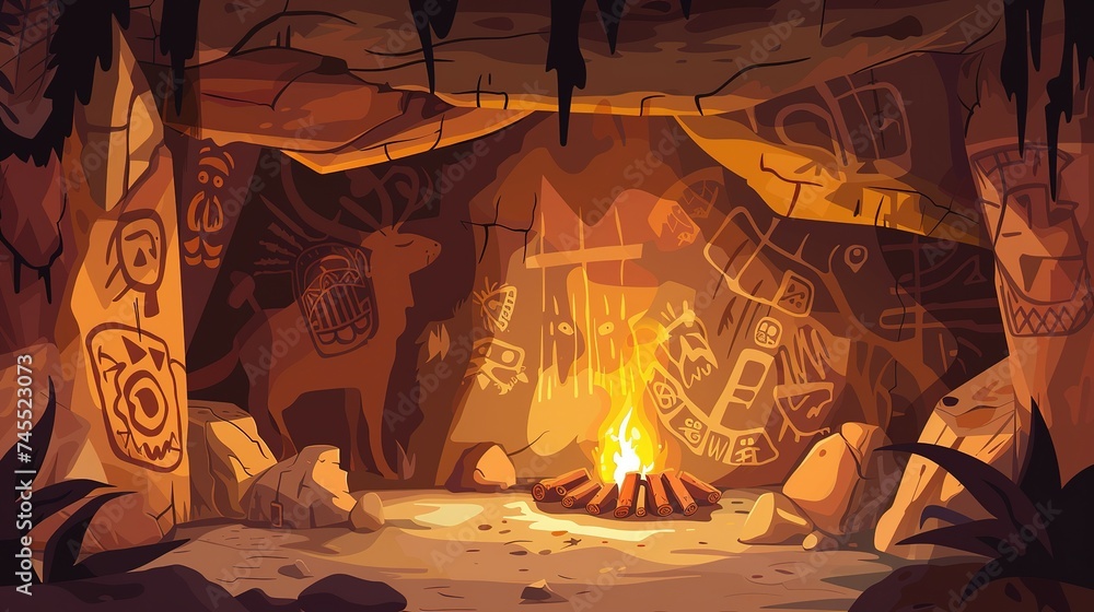 Prehistoric cave with caveman primitive painting on stone walls and ...