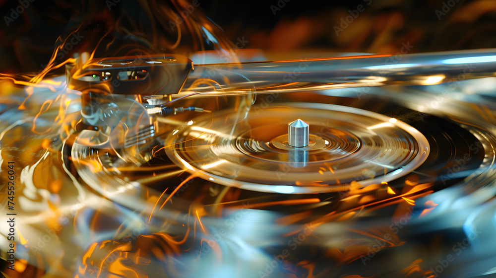 An abstract image of a DJ turntable setup. The shapes of the turntables ...