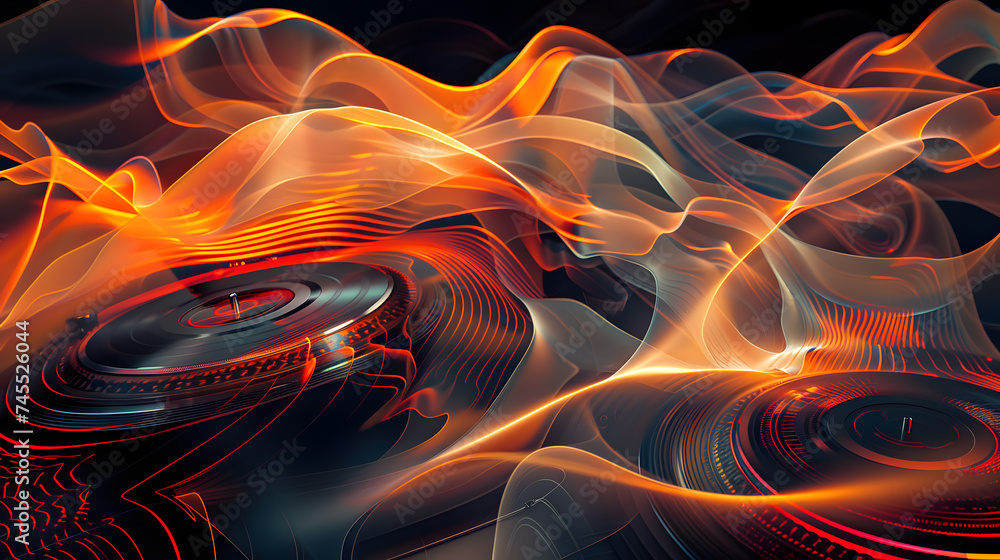 An abstract image of a DJ turntable setup. The shapes of the turntables ...