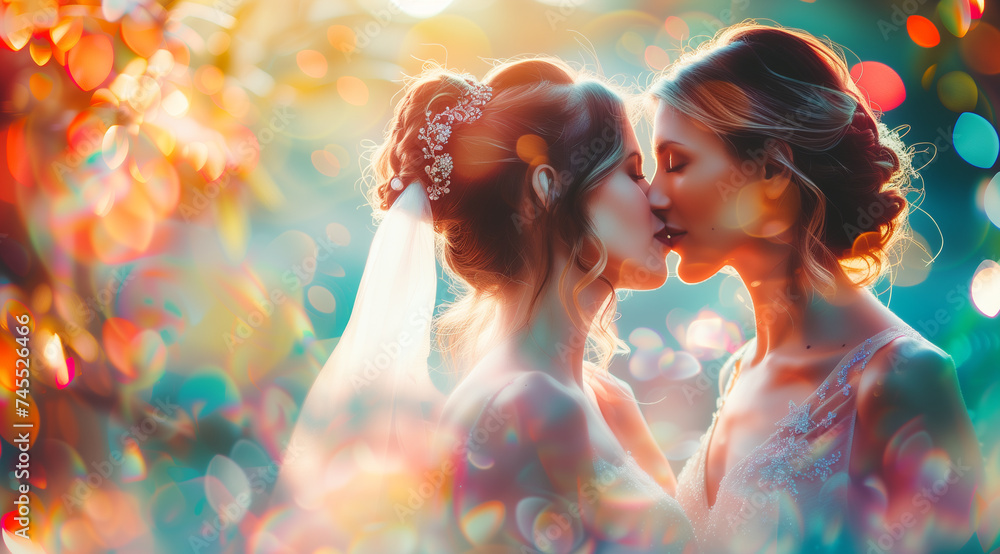 Lesbian couple sharing romantic wedding kiss to celebrate love and commitment Stock Photo ...